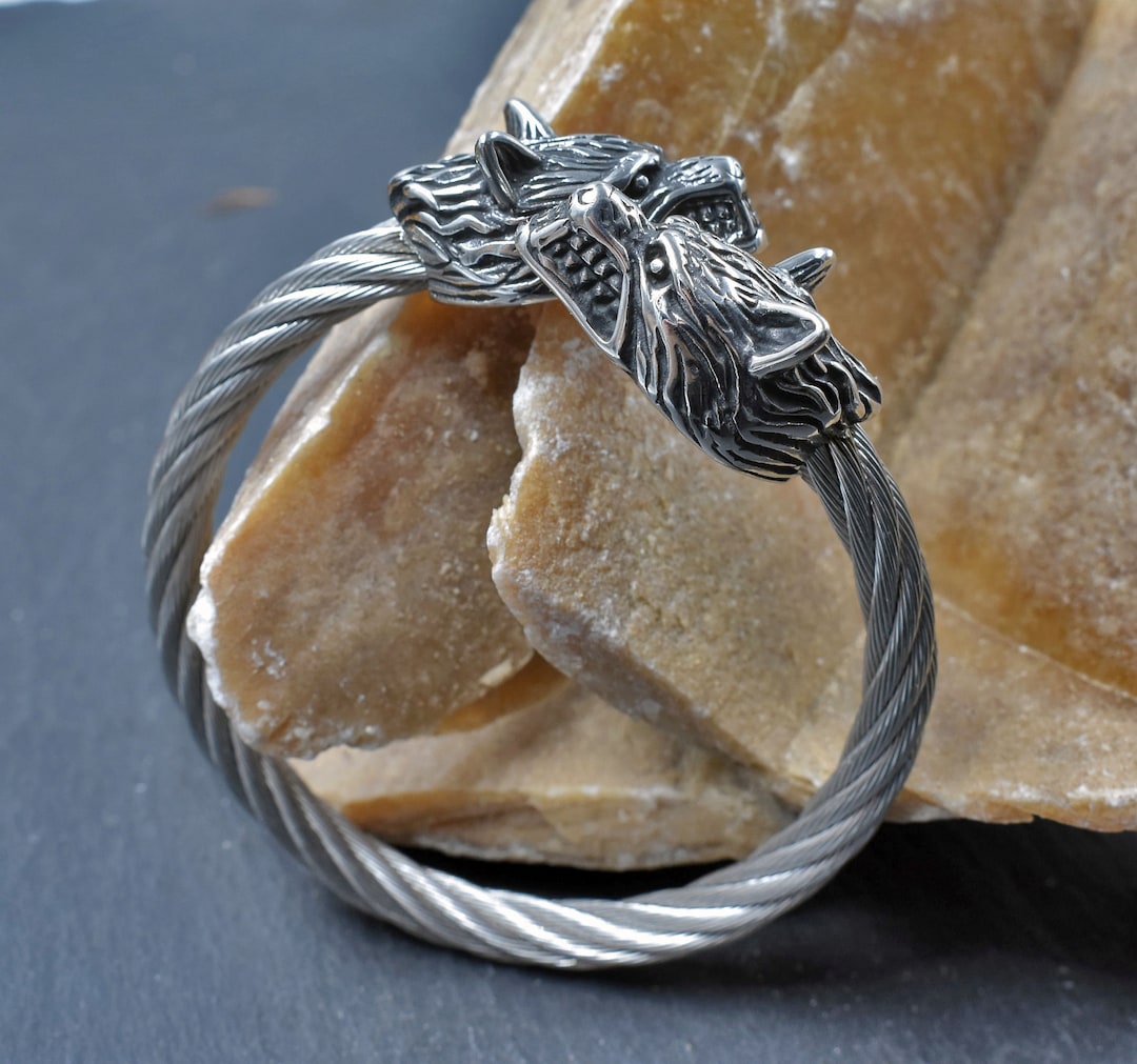 Viking Bangle With Wolf Heads - Stainless Steel Bracelet - Wristband ...