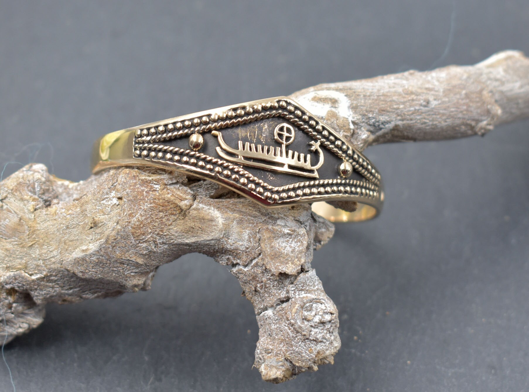 Viking Bangle With Longboat and Rune - Norse Bronze Bracelet - Cuff ...