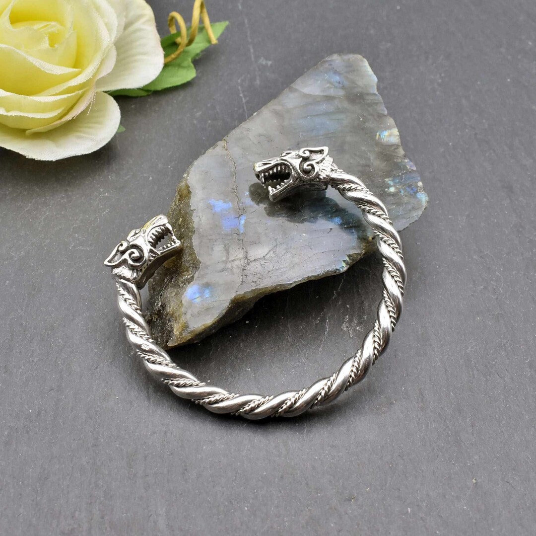 Strong Silver Bangle With Odin's Wolves - Viking Bracelet Replica ...