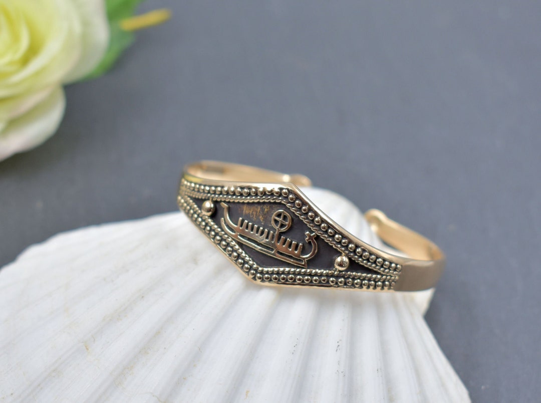 Viking Bangle With Longboat and Rune - Norse Bronze Bracelet - Cuff ...