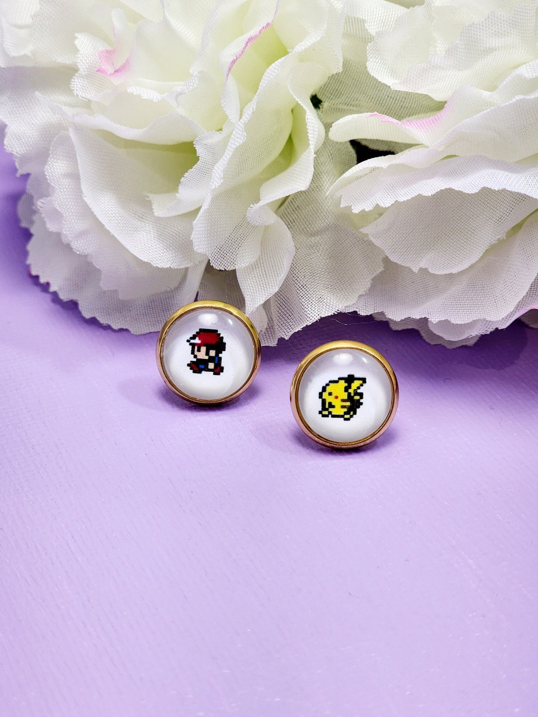 Pokemon Inspired Earrings Gold Stud Earrings Glass - Etsy