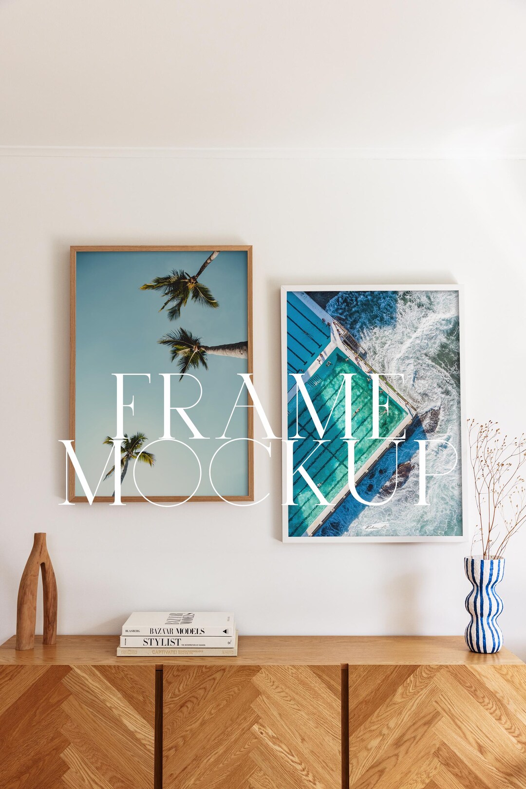 Two A1 Vertical Frames Mockup, Oak and White Frames. Interior Mockup ...