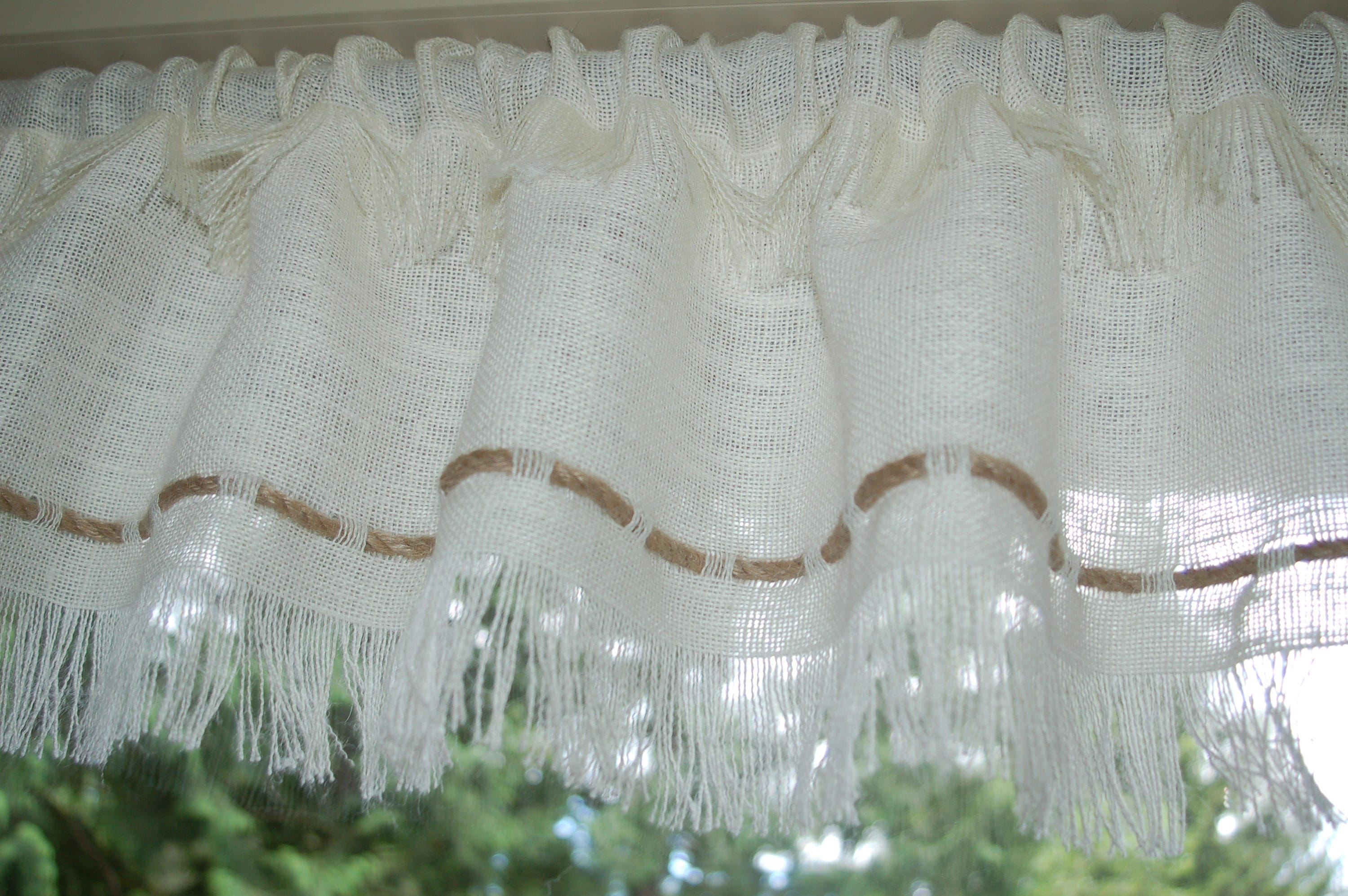 Ivory Burlap Window Valance With Jute Rope, Fringed Nautical Curtain - Etsy