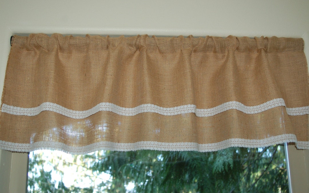 Layered Burlap Valance With White Cotton Lace Trim in Natural, Light ...