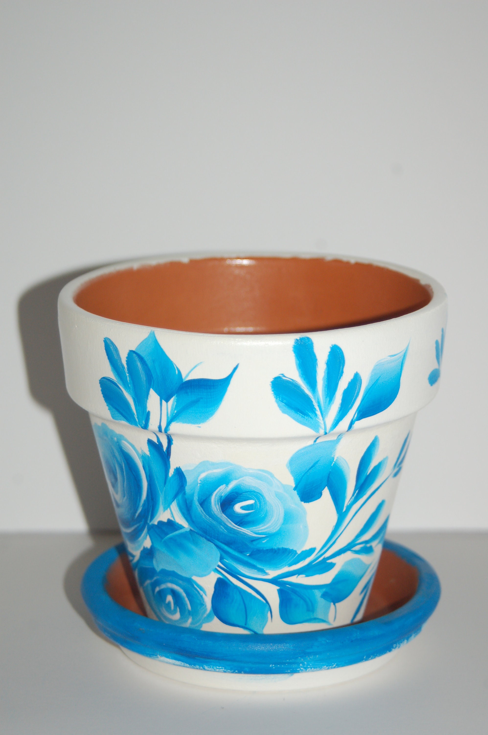 4'' Clay Flower Pot, Hand Painted Blue Roses Design. One or a Set of ...