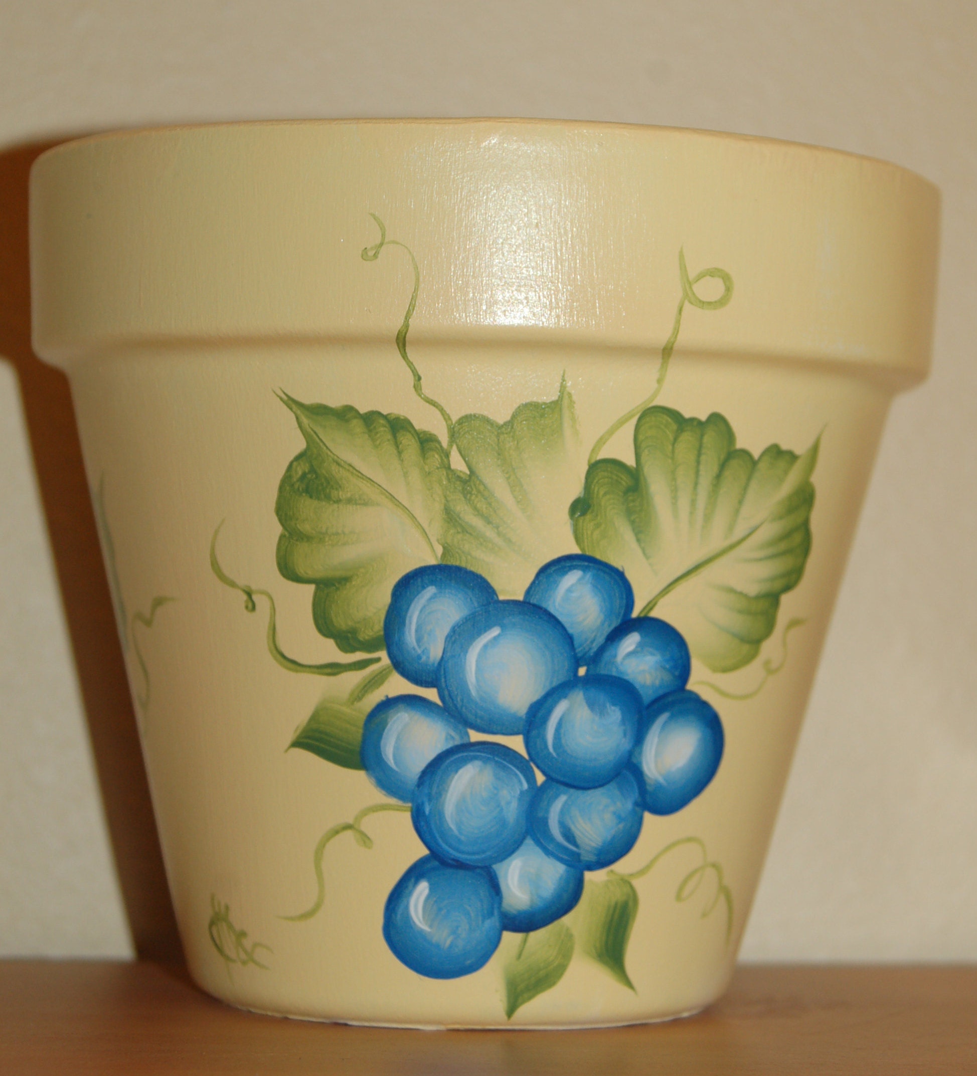 Hand Painted Clay Flower Pot One Stroke Blue Grapes Design 6 Inches ...