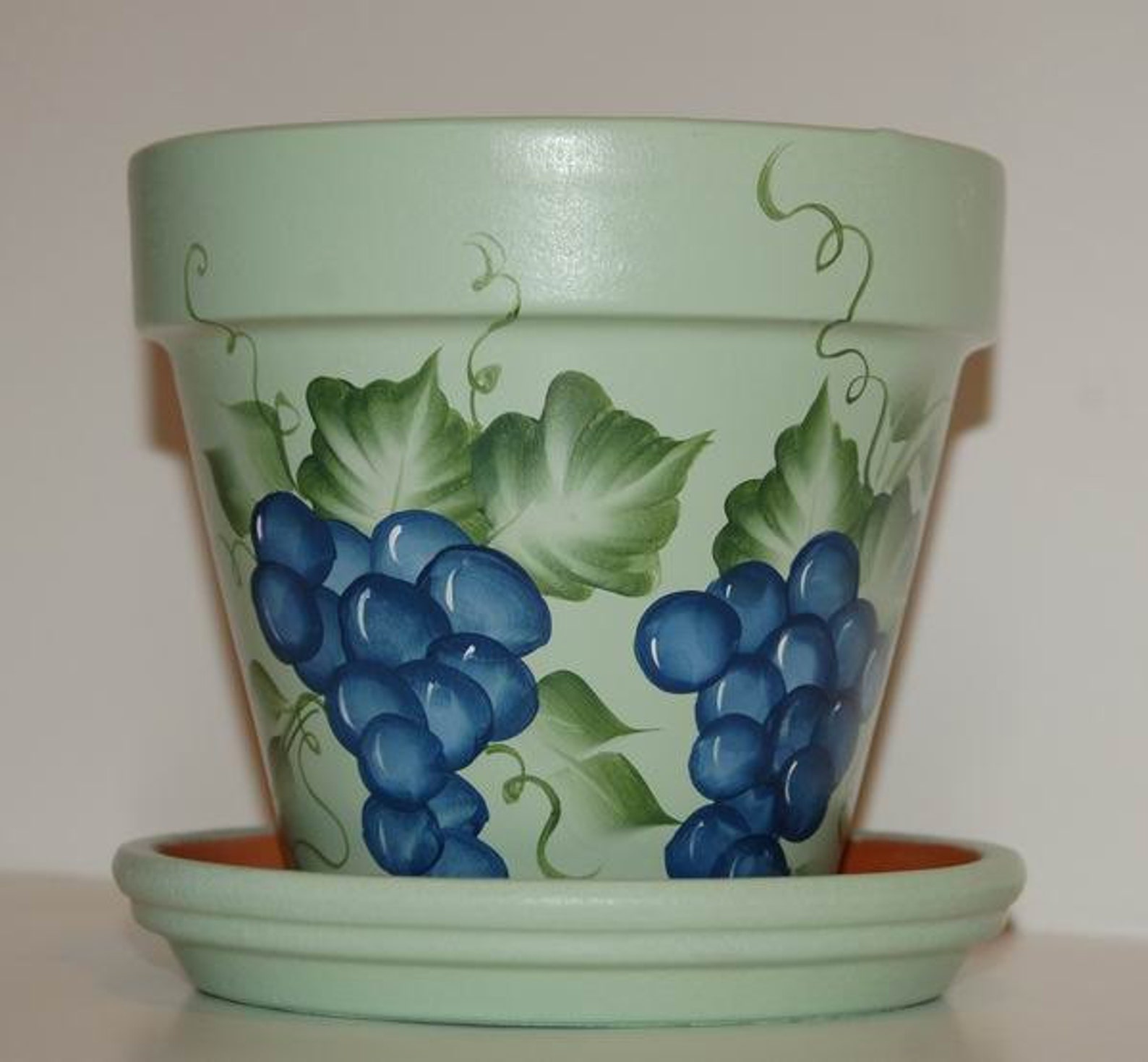 Hand Painted Clay Flower Pot One Stroke Blue Grapes Design 6 Inches ...