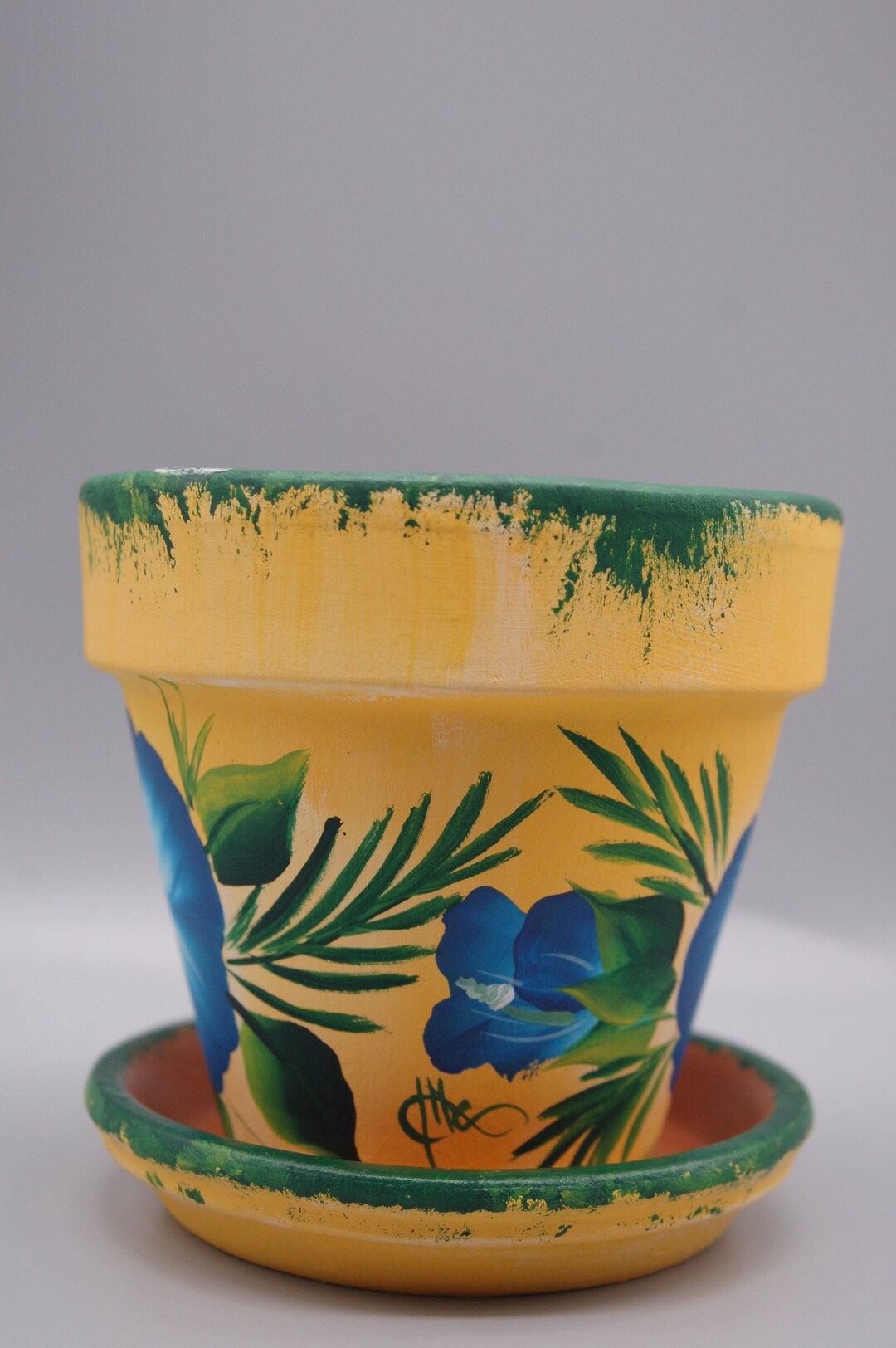 Hand Painted 4'' Clay Flower Pot, Blue Hibiscus and Green Leaves With ...
