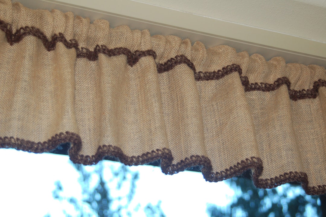 Natural Burlap Valance Custom Height, With Crochet Jute Trim in Brown ...