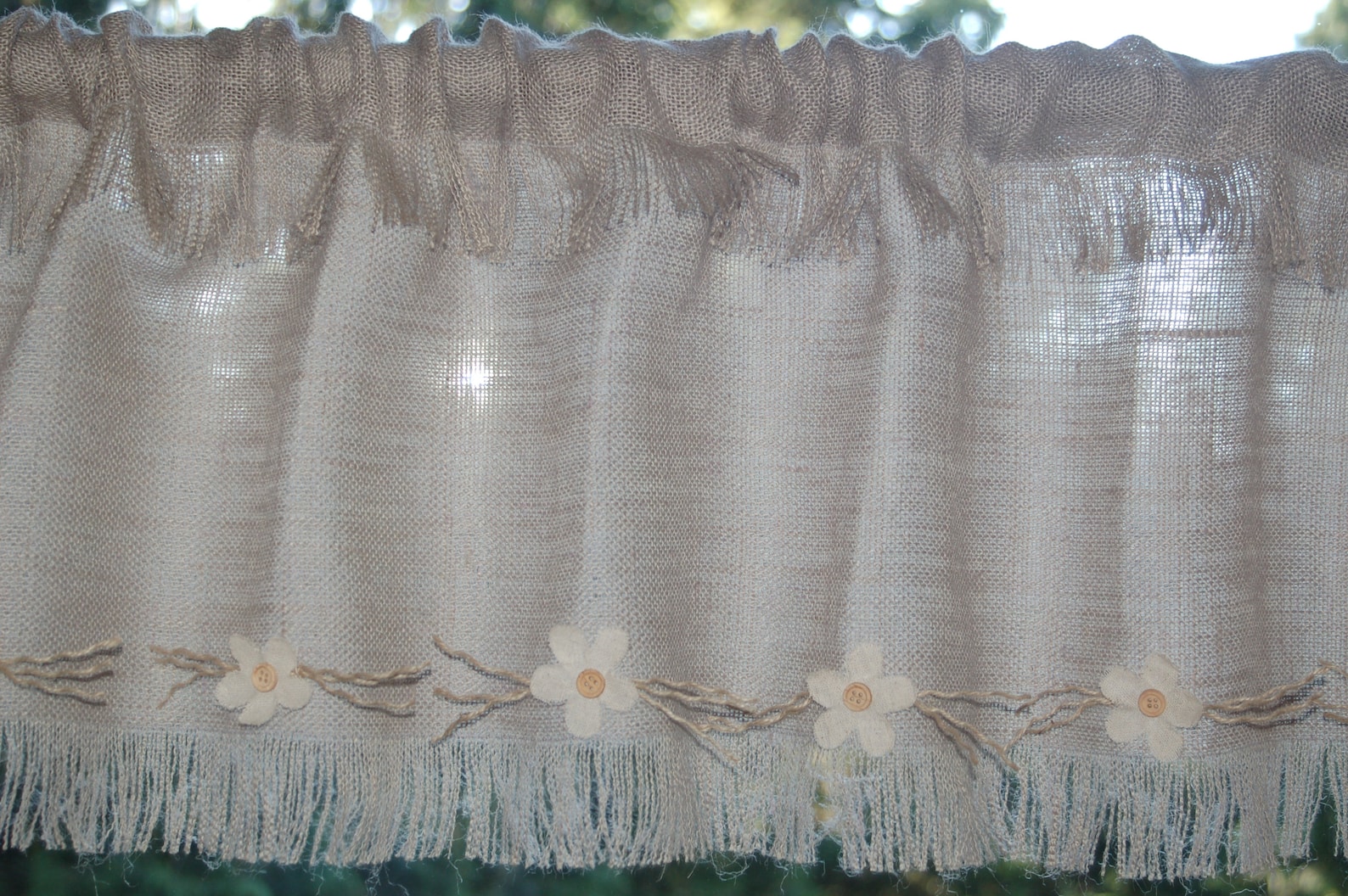Burlap Window Valance With Decorative Flowers, 14'' Tall & Custom Made ...