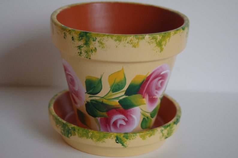Romantic Pink Roses and Leaves Hand Painted Clay Flower Pot 4 - Etsy