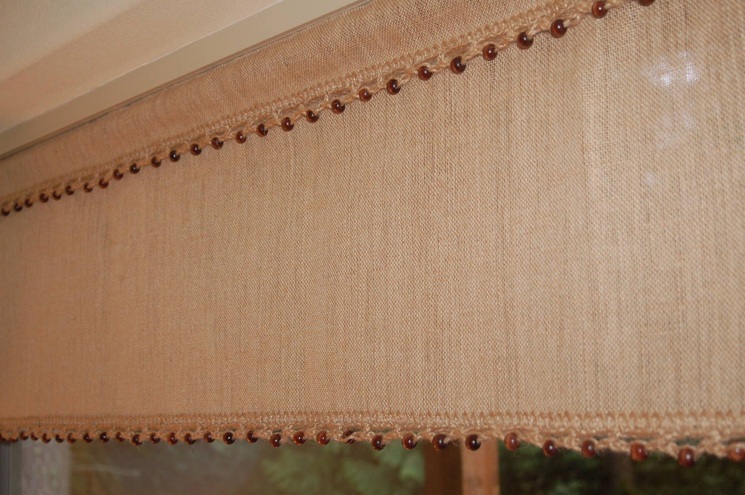 Straight Look Natural Burlap Valance With Crochet Jute Trim and Wooden ...