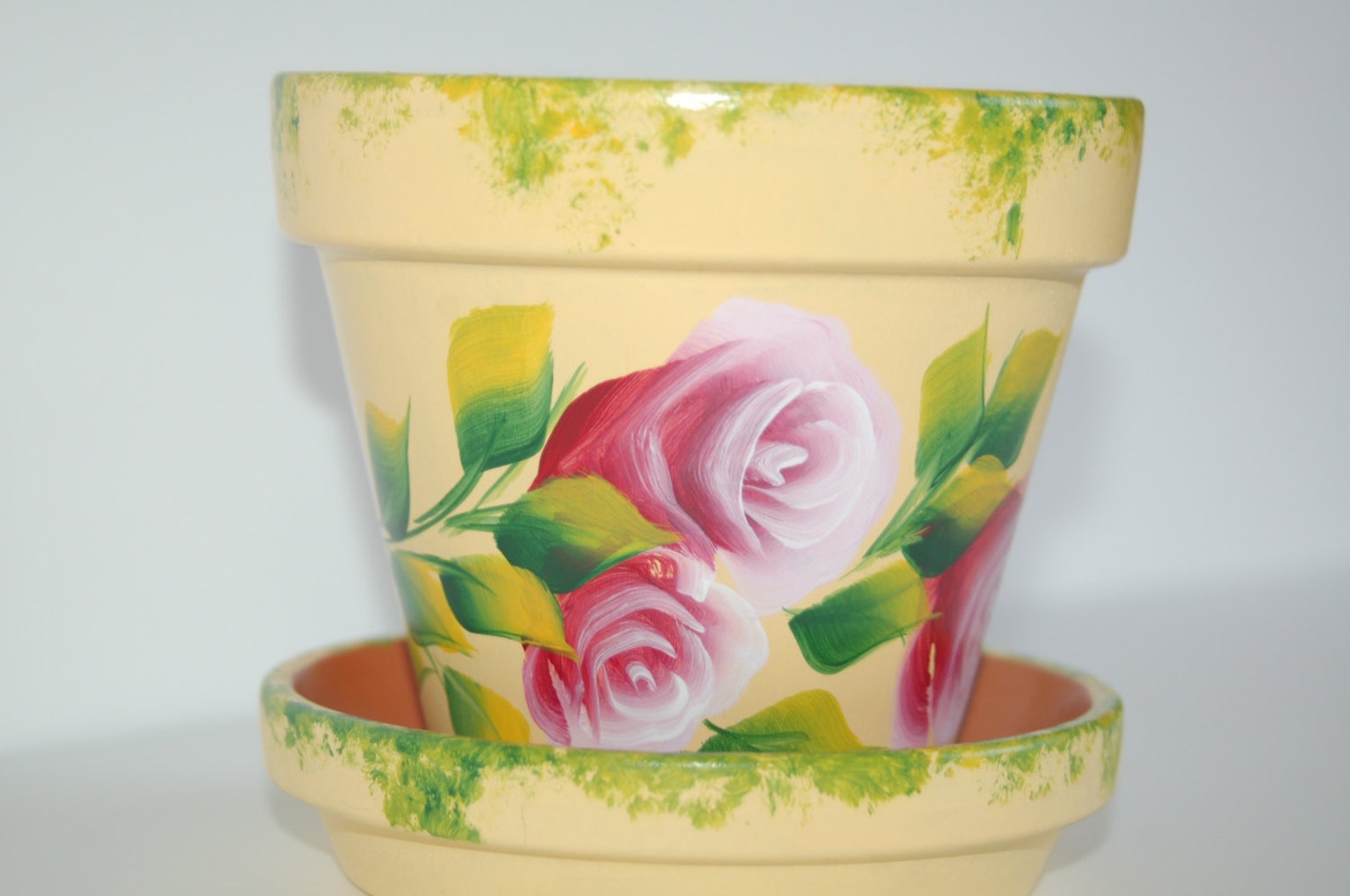Romantic Pink Roses and Leaves Hand Painted Clay Flower Pot 4 - Etsy