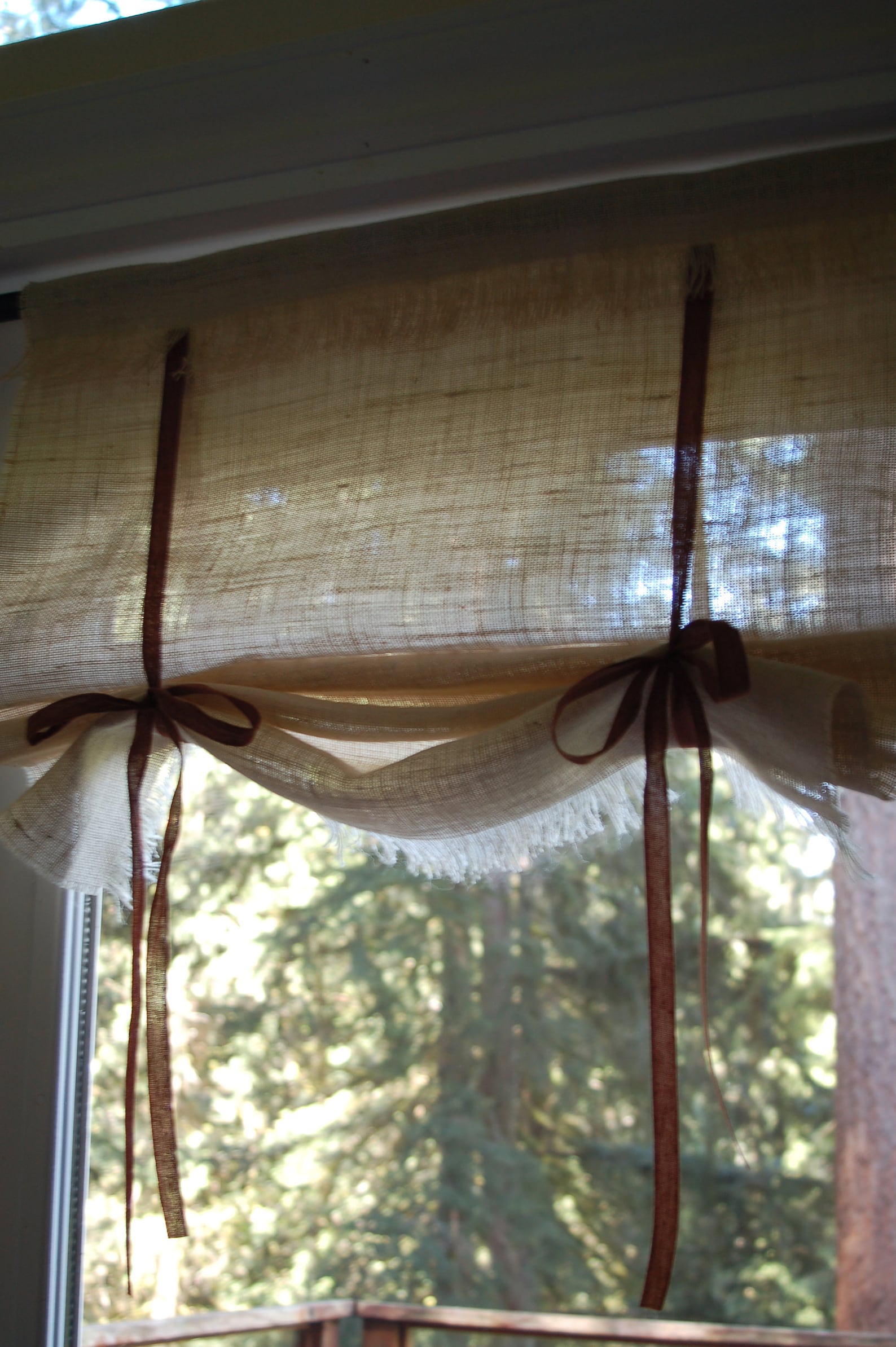 Burlap swag valance tie up curtain with brown ties and fringe. | Etsy