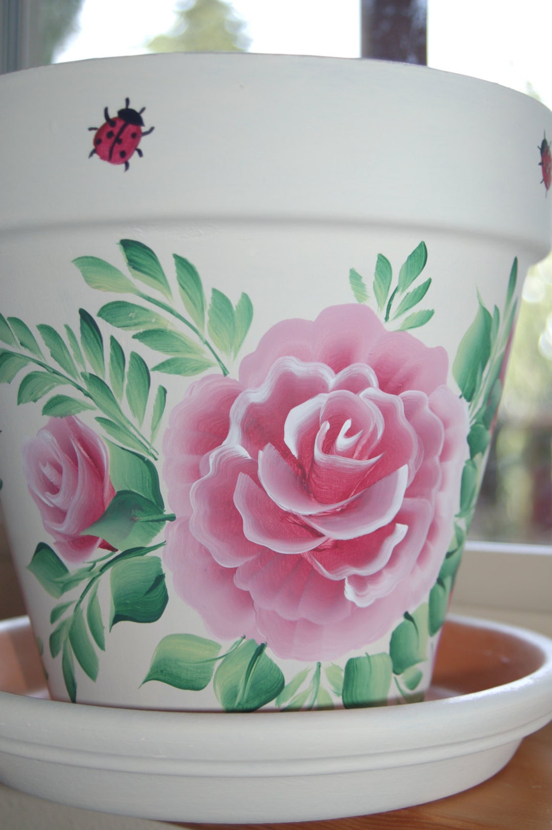 6'' or 8'' Hand Painted Clay Flower Pot Roses, Leaves and Ladybugs ...