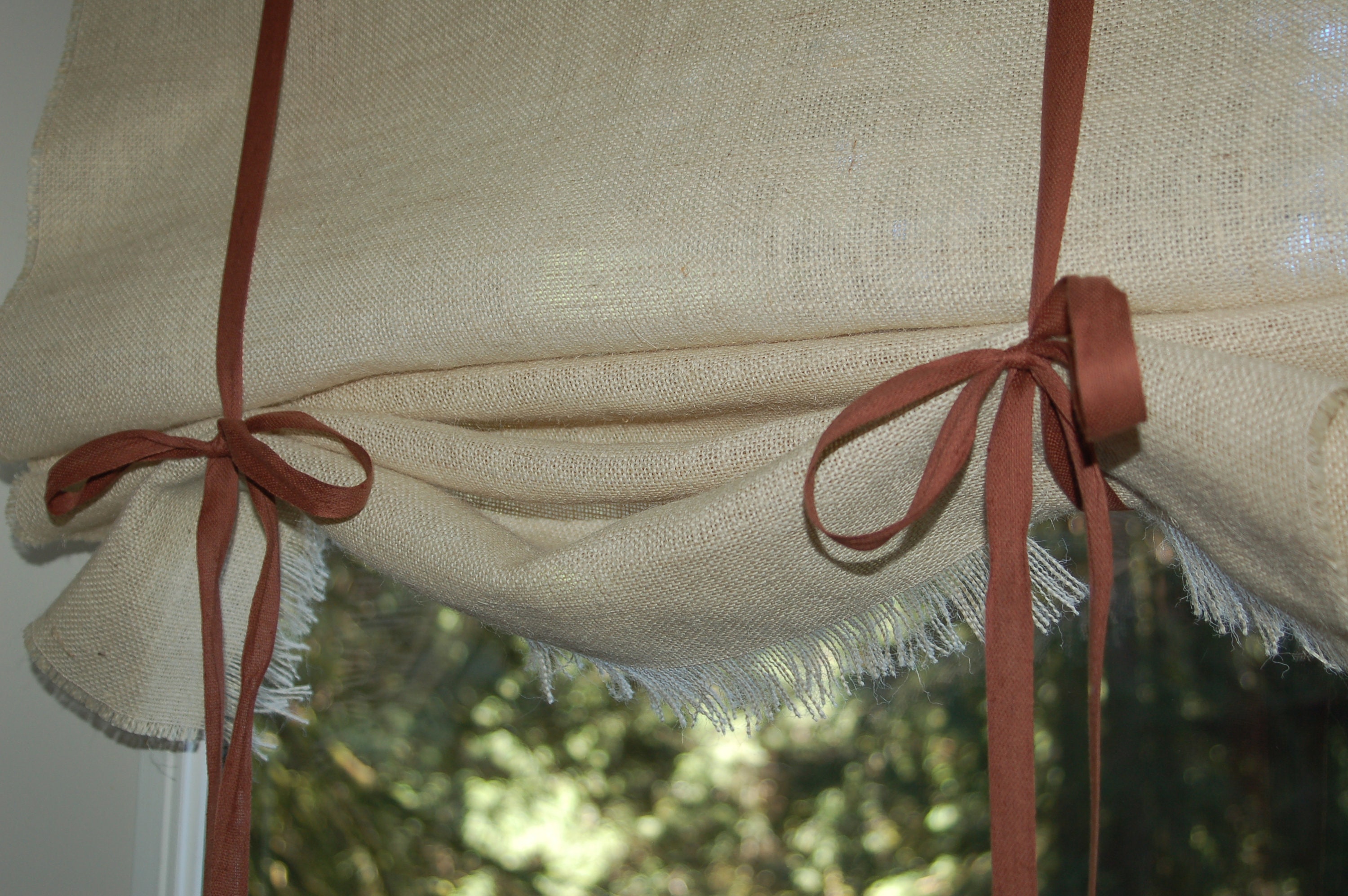 Burlap swag valance tie up curtain with brown ties and fringe. | Etsy