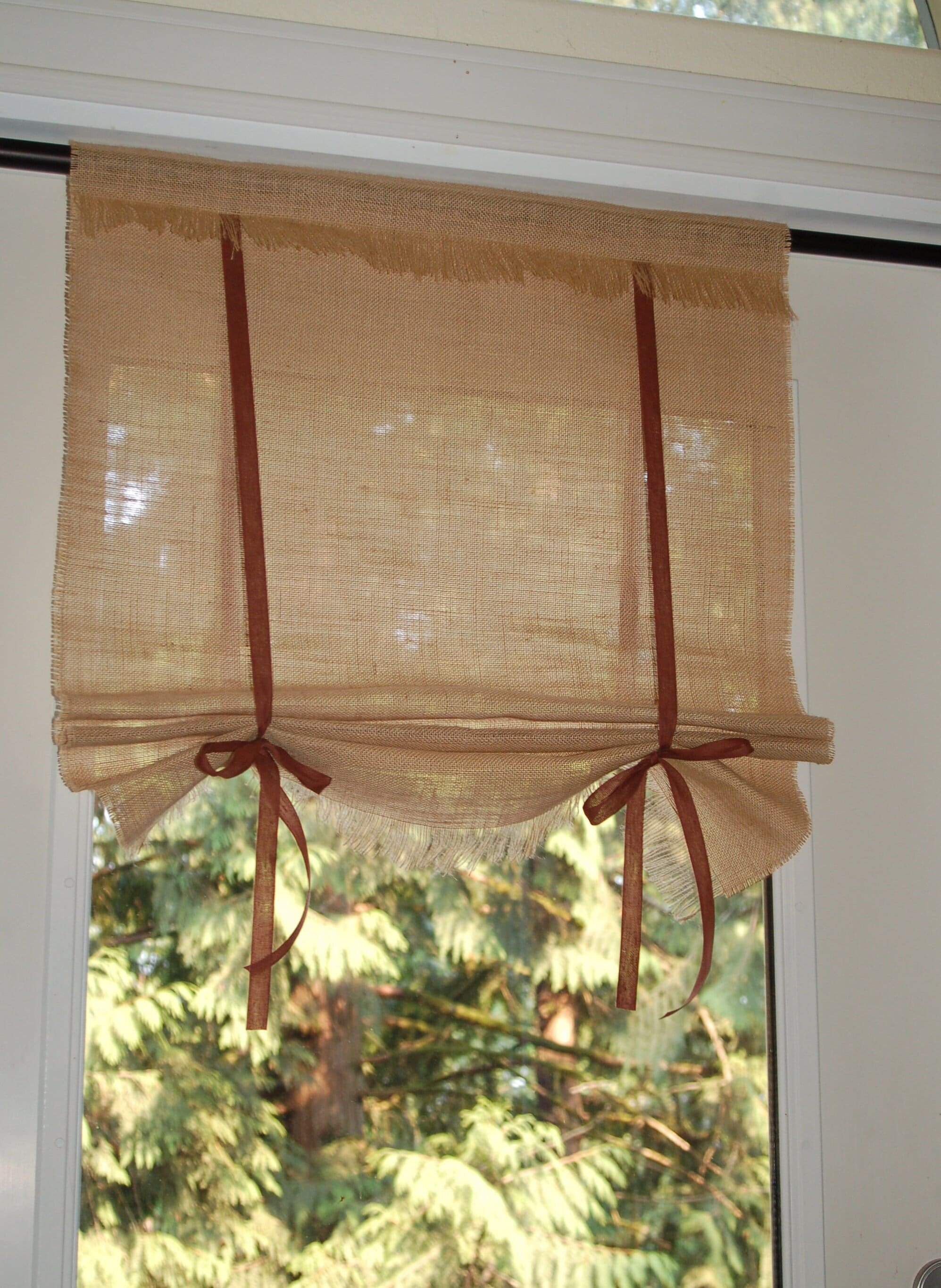 Burlap swag valance tie up curtain with brown ties and fringe. | Etsy