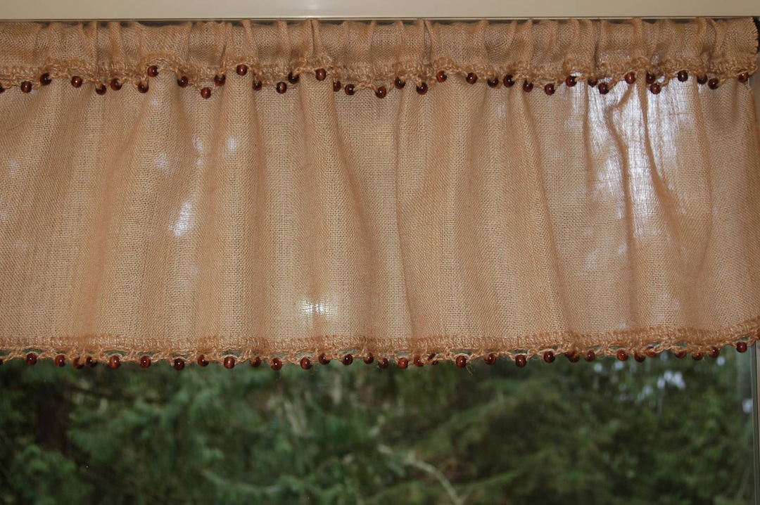 Natural Burlap Valance With Crochet Jute Trim and Wooden Beads. Rustic ...