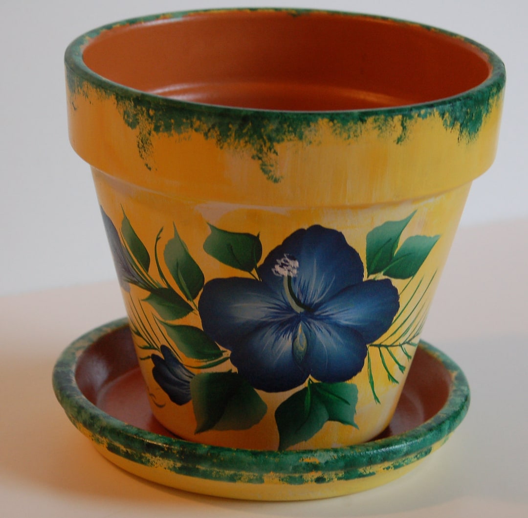 8'' Hand Painted Clay Flower Pot Tropical Dark Blue Hibiscus Design ...