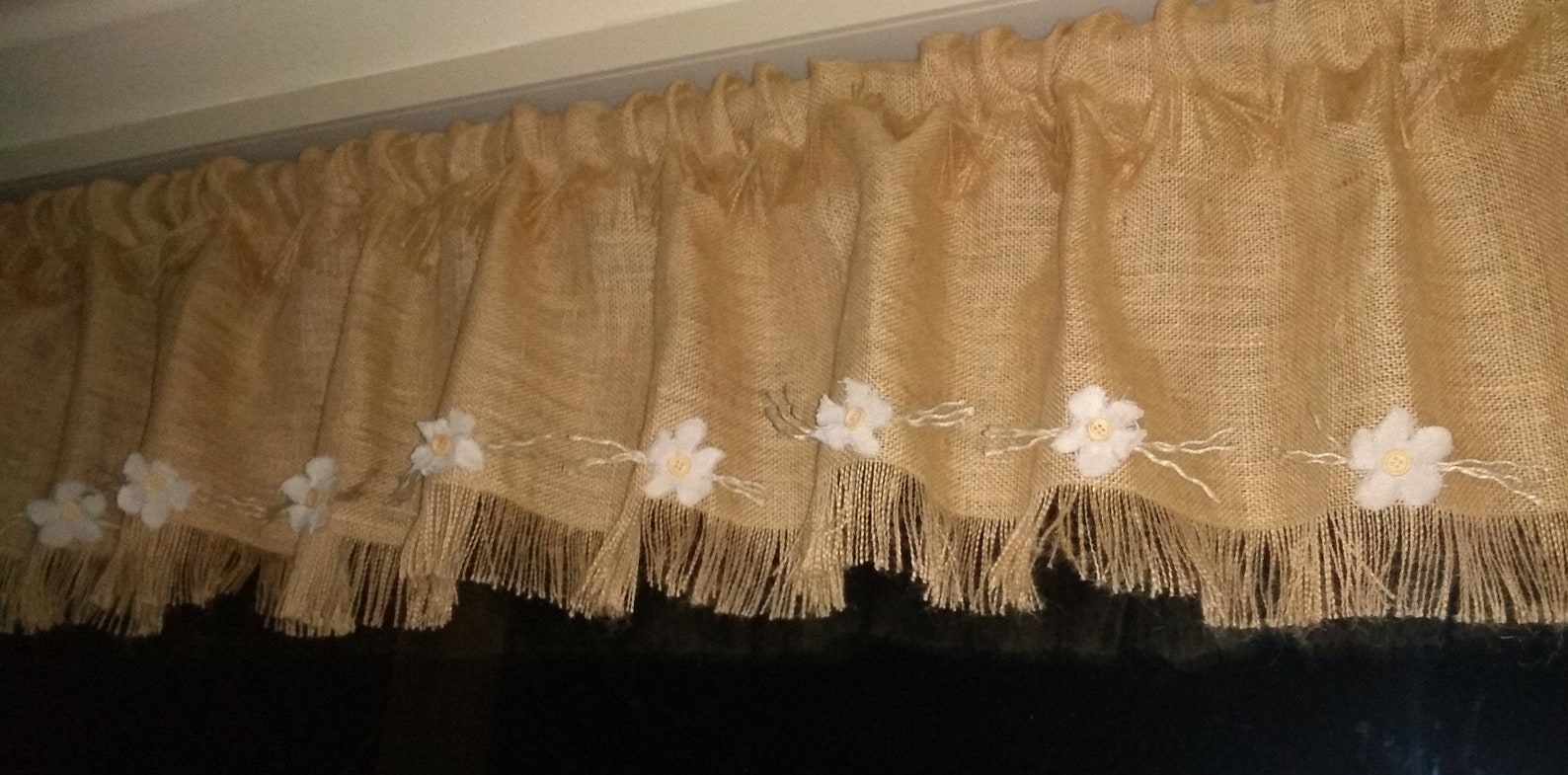 Burlap Window Valance With Decorative Flowers, 14'' Tall & Custom Made ...