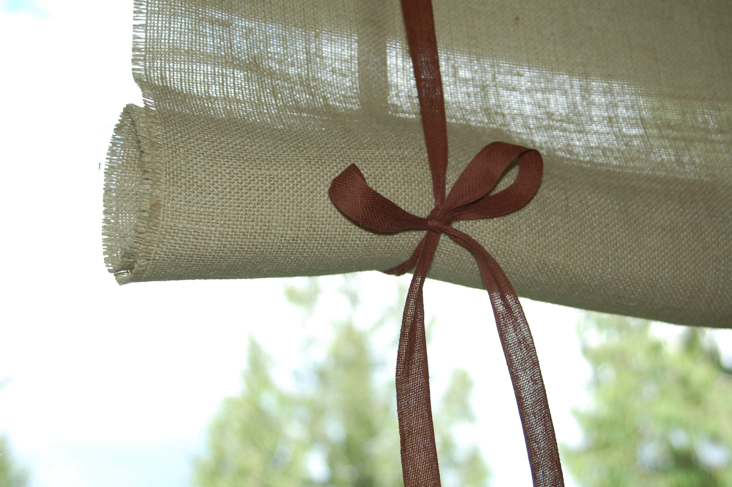 Burlap swag valance tie up curtain with brown ties and fringe. | Etsy