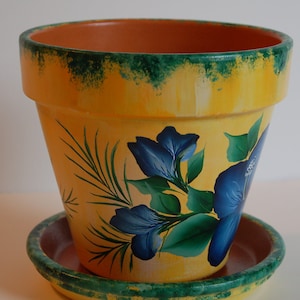 8'' Hand Painted Clay Flower Pot Tropical Dark Blue Hibiscus Design ...