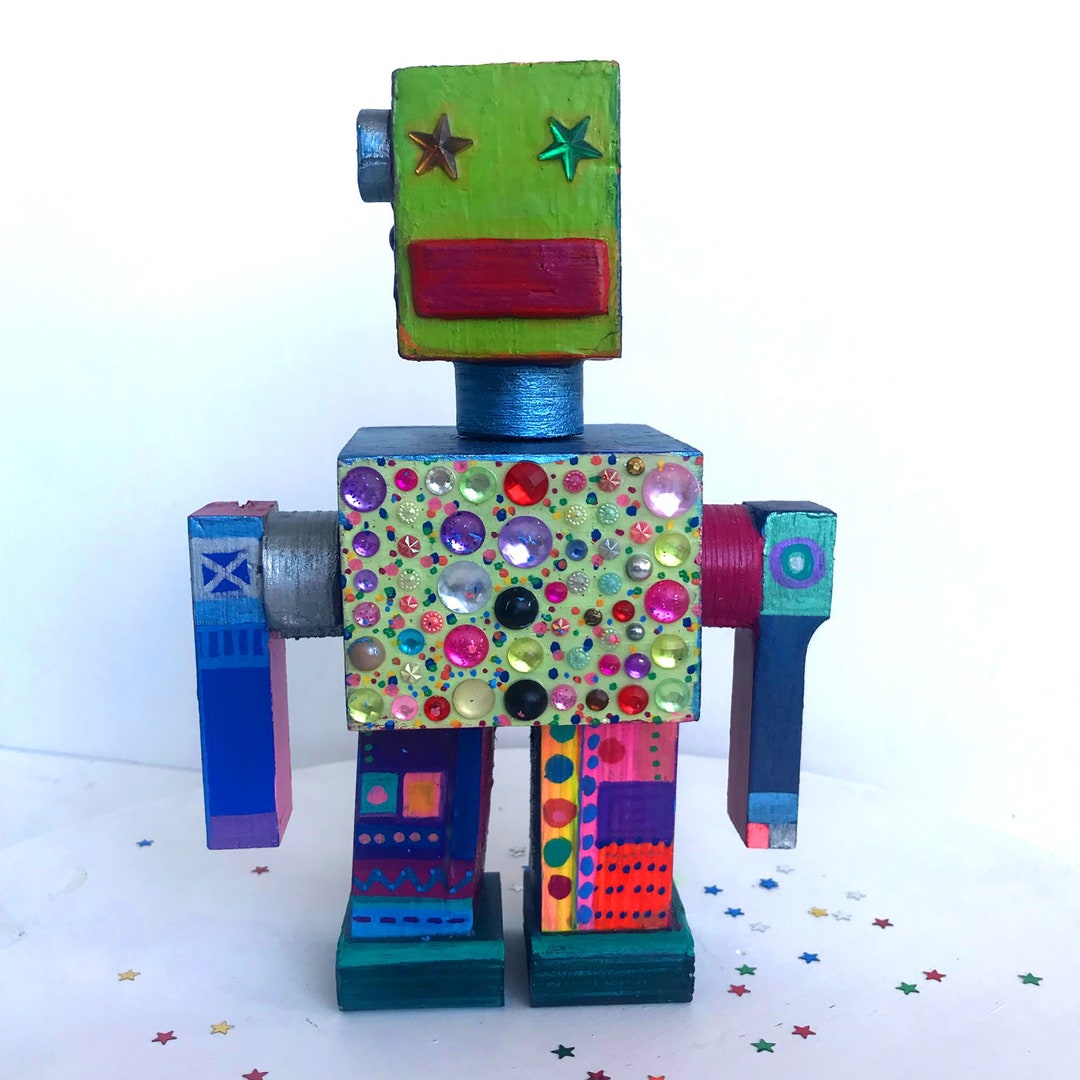 Multi Mood Robot. Brightly Painted Wooden 4 Faced Robot Made From ...