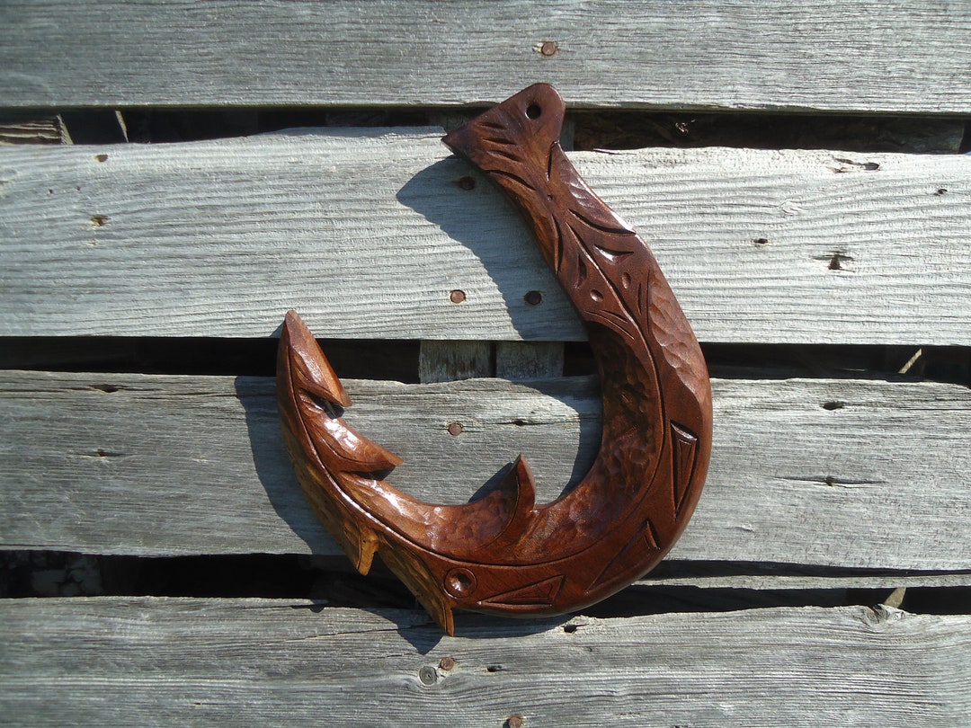 Carved Fish Hook, Hawaiian Decor, Hand Carved Hook, Fish Hook Sculpture ...