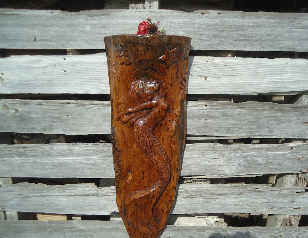 Large Wood Mermaid, Hand Carved Wood Mermaid, Sculpture Shelf, Carved ...