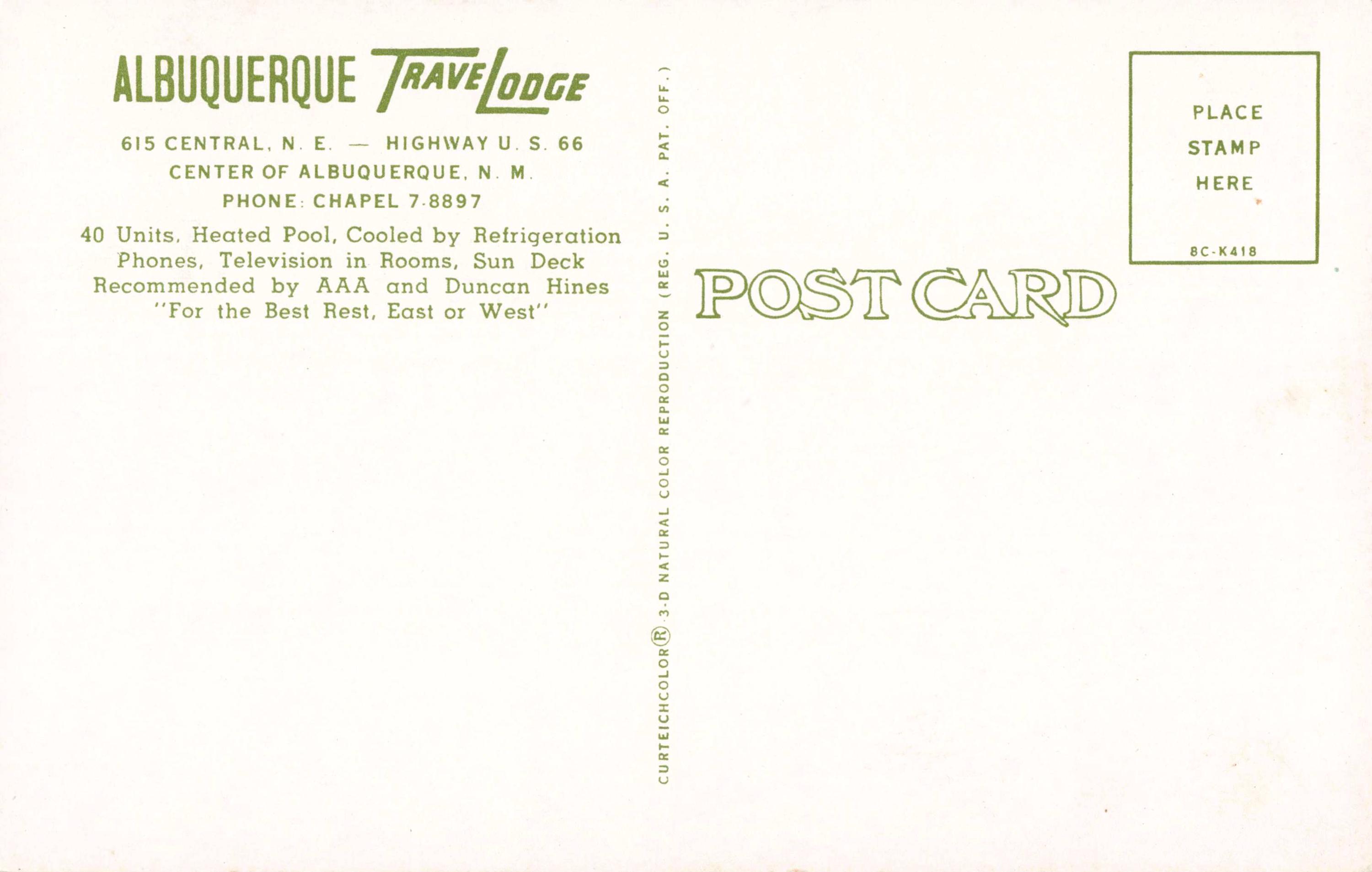 Albuquerque, New Mexico Postcard Route 66 Travel Lodge Chrome About ...