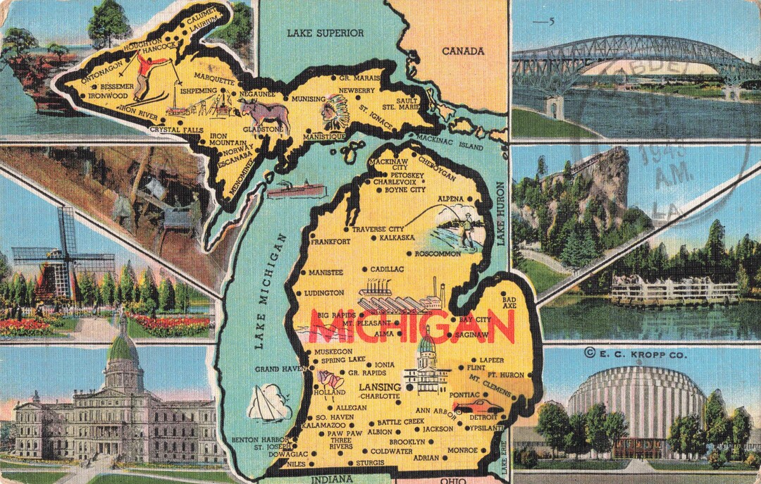 Michigan Map Postcard Multi Views Linen Postmark 1943 - Etsy