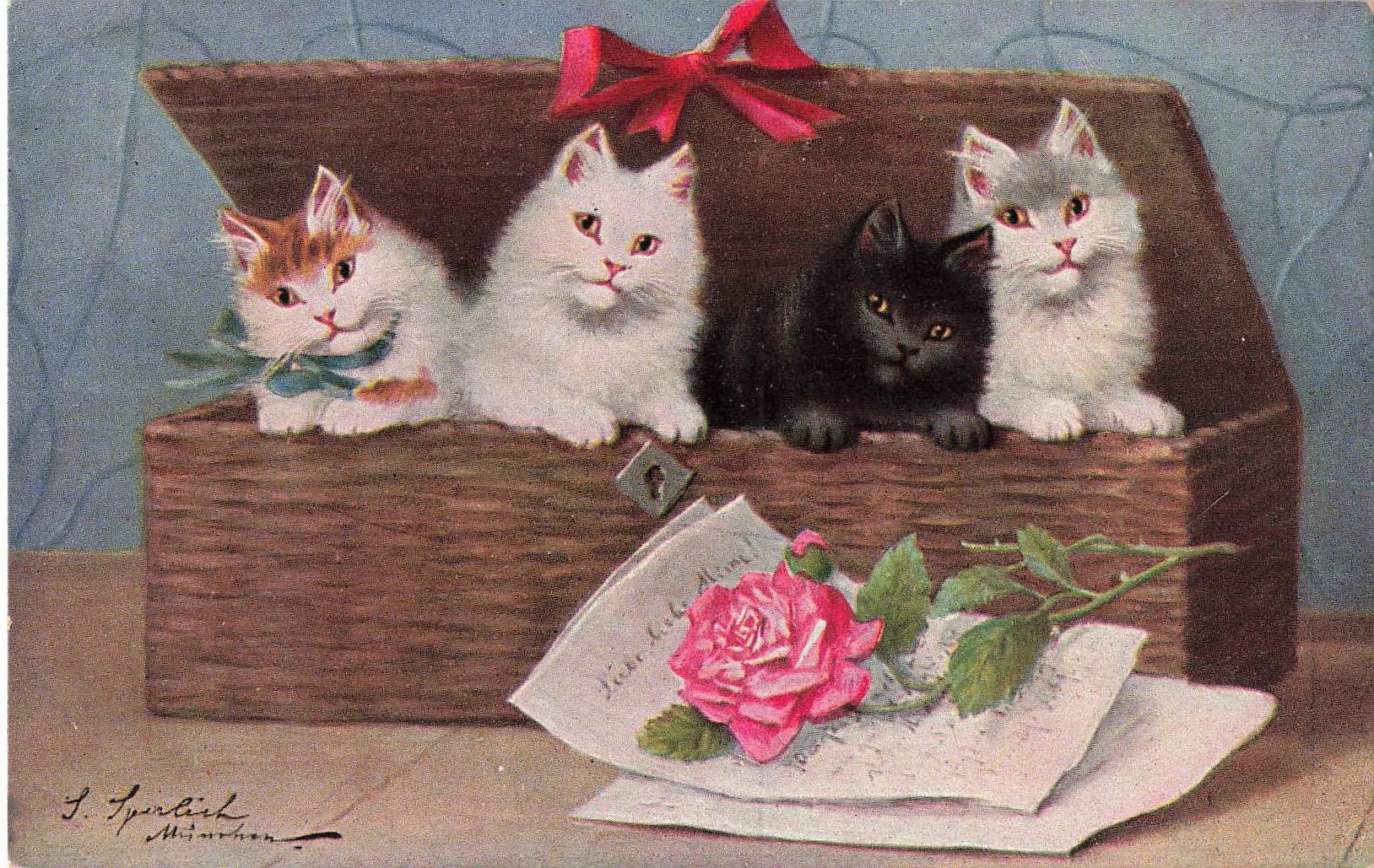 S. Sperlich of Munich Postcard Artist Signed 4 Kittens in a Wicker Box ...