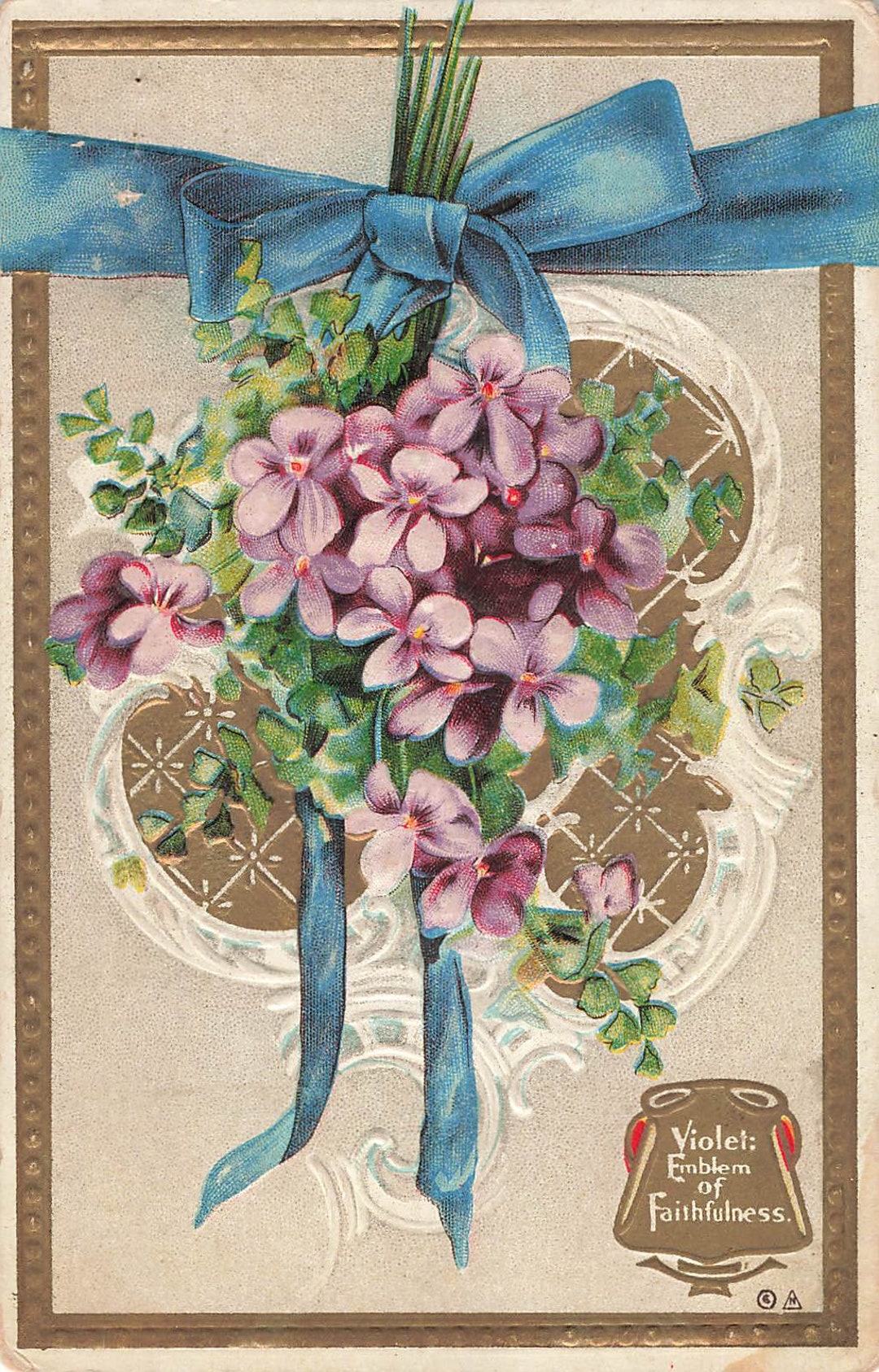 Greeting Postcard Violet Emblem of Faithfulness Blue Ribbon Embossed by ...