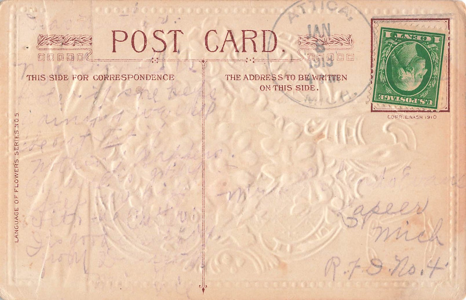 Greeting Postcard Violet Emblem of Faithfulness Blue Ribbon Embossed by ...