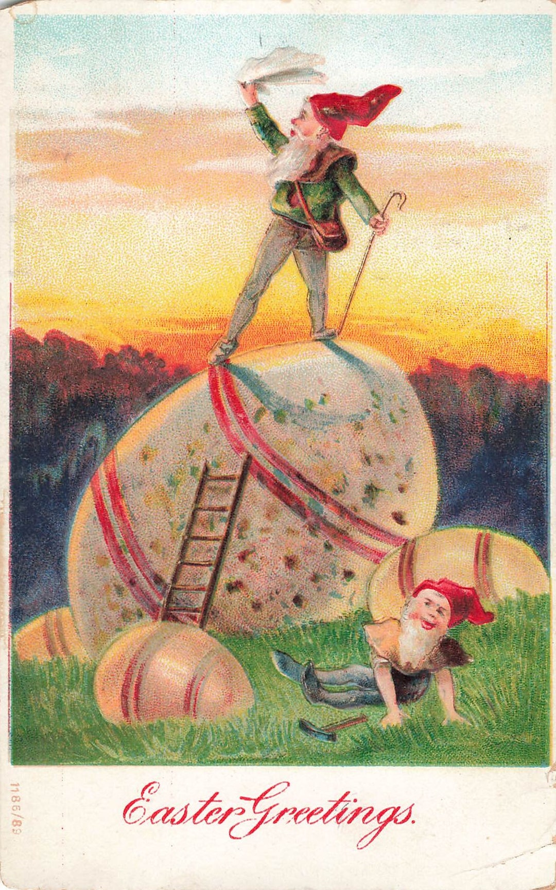 Easter Greetings Postcard Elvesgnomes With Easter Eggs at Sunset ...