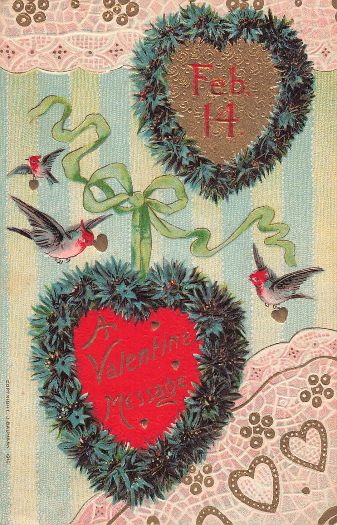 Valentine's Day Postcard Pine Hearts, Bluebirds, Ribbon and Lace ...
