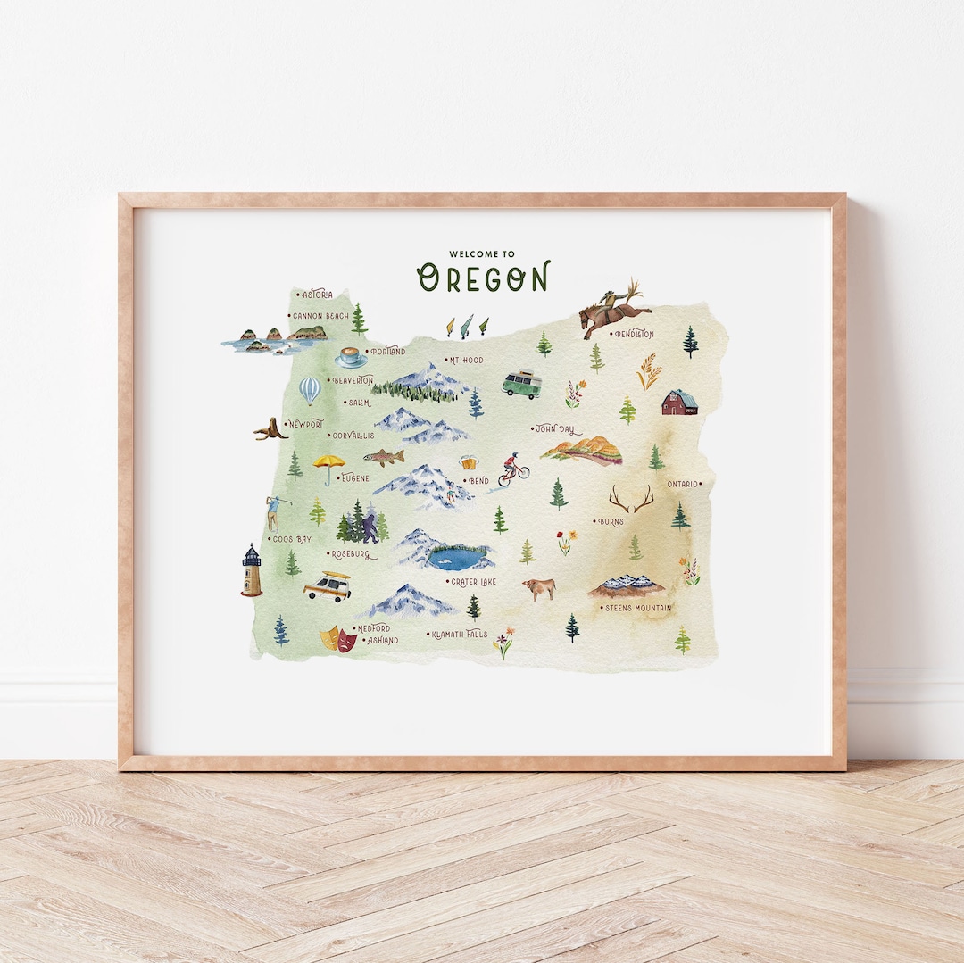 Watercolor Oregon Map Art Print: Pacific Northwest Adventure Home Decor ...
