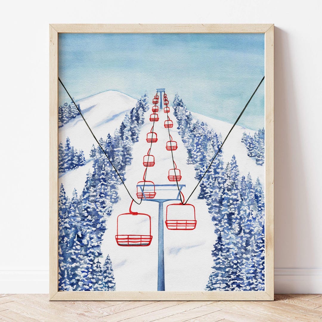 Red Chair Ski Art Print | Snowy Winter Chairlift Scene, Mt. Bachelor ...