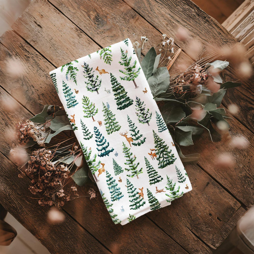 Holiday Tea Towel With Winter Woodland Evergreens | Christmas Tree ...