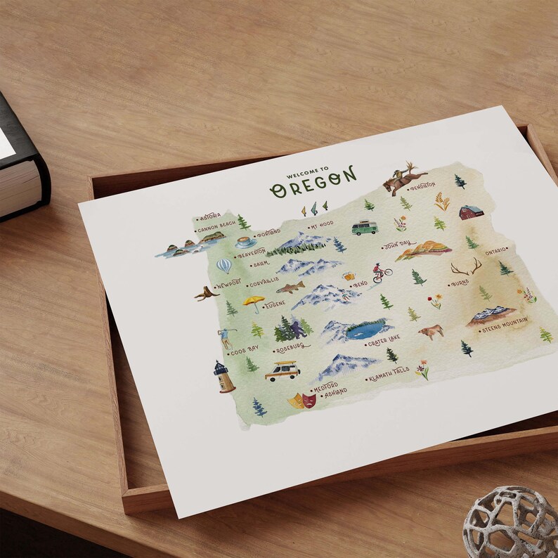 Watercolor Oregon Map Art Print: Pacific Northwest Adventure Home Decor ...