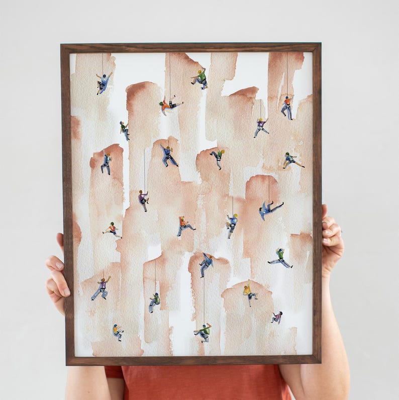 Watercolor Rock Climbing Art Print | Mini Rock Climbers and Bouldering ...