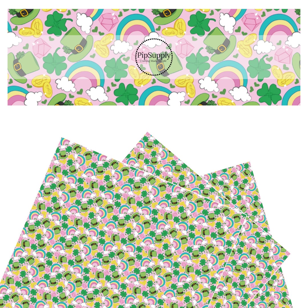 Faux Leather Pink Leprechaun Fun Gold Coins and Rainbows Faux Leather ...