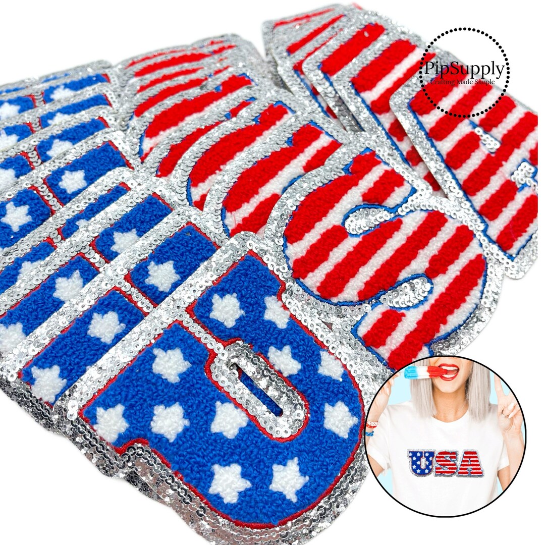 Stars and Stripes USA Chenille Iron on Patch PIPS EXCLUSIVE Heat Transfer Patch 4th of July Iron ...