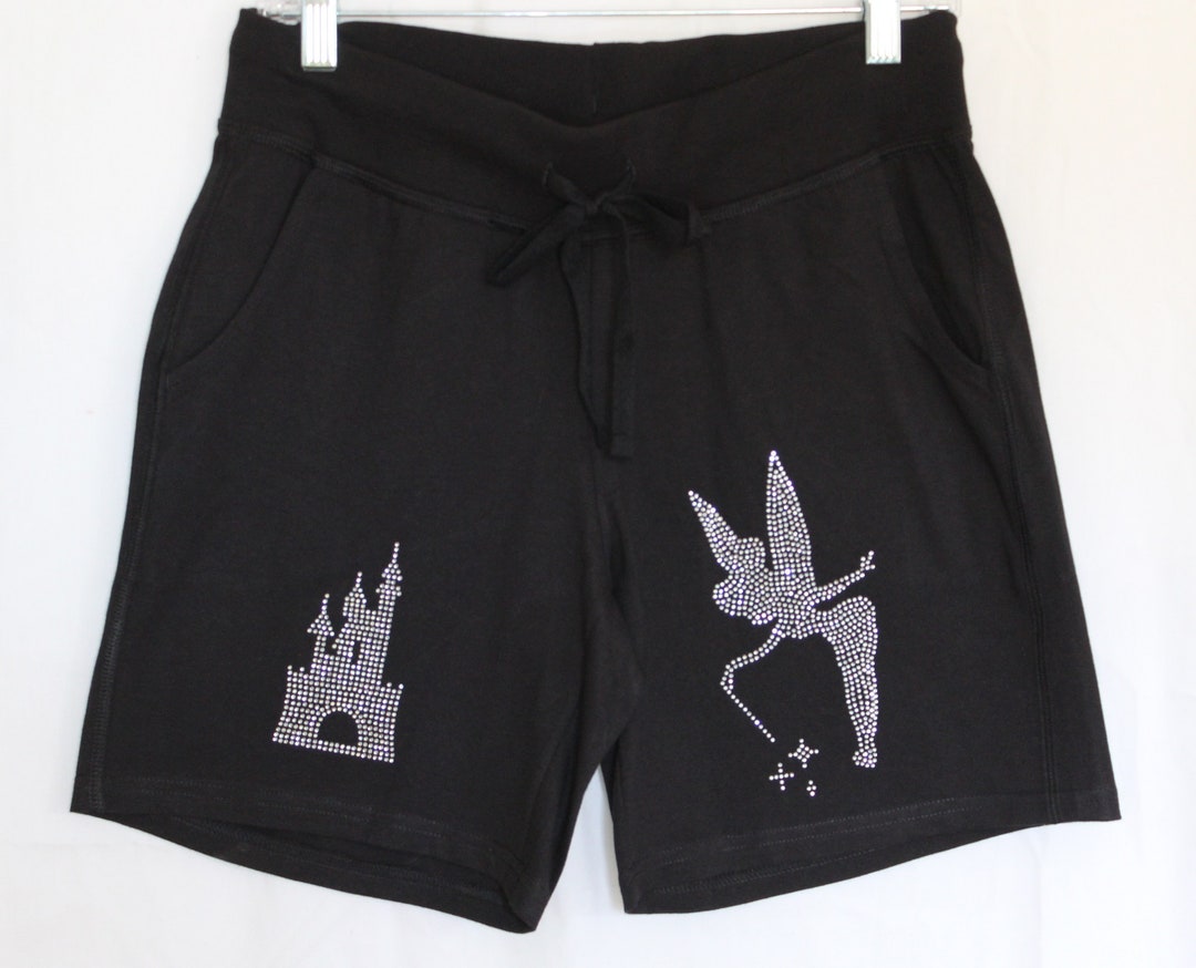 Tinkerbell and Castle Disney Womens & Jrs Rhinestone Shorts Two Lengths ...