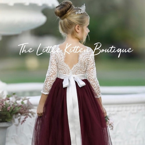 Long Sleeve Lace Flower Girl Dress Rustic White Tulle Wedding Etsy
