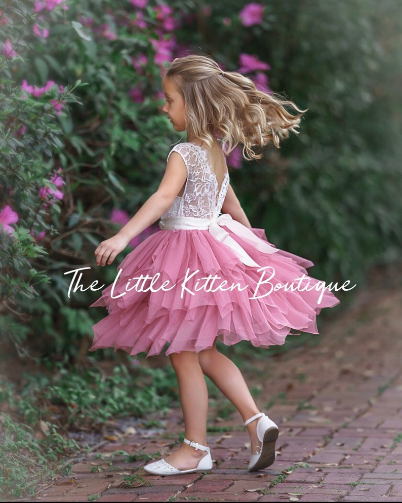 Blush Pink Tulle Flower Girl Dress White Lace Flower Girl Etsy