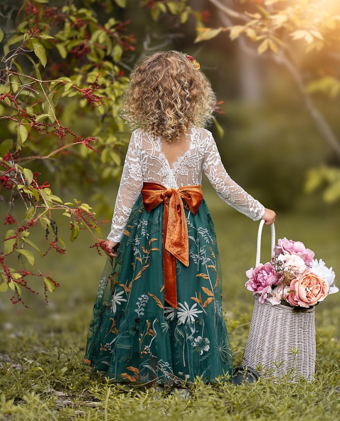 Hunter Green Tulle Flower Girl Dress, Floral Flower Girl Dress, Lace ...