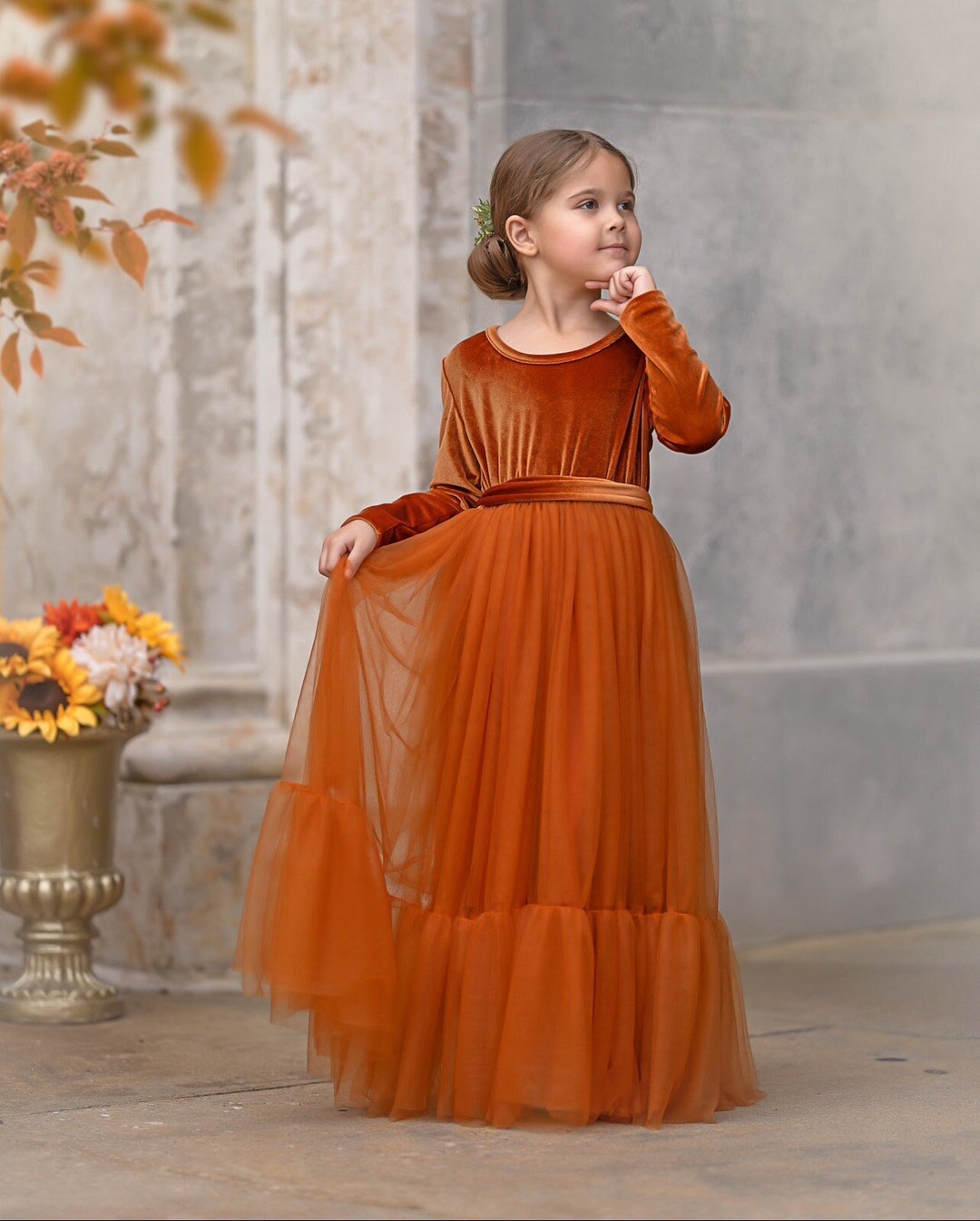 Long Sleeve Burnt Orange Velvet And Tulle Flower Girl Dress Boho