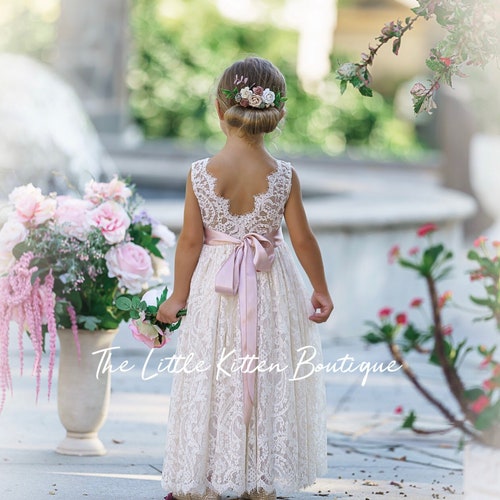 Bohemian Lace Flower Girl Dress Rustic Ivory Tulle Wedding Etsy