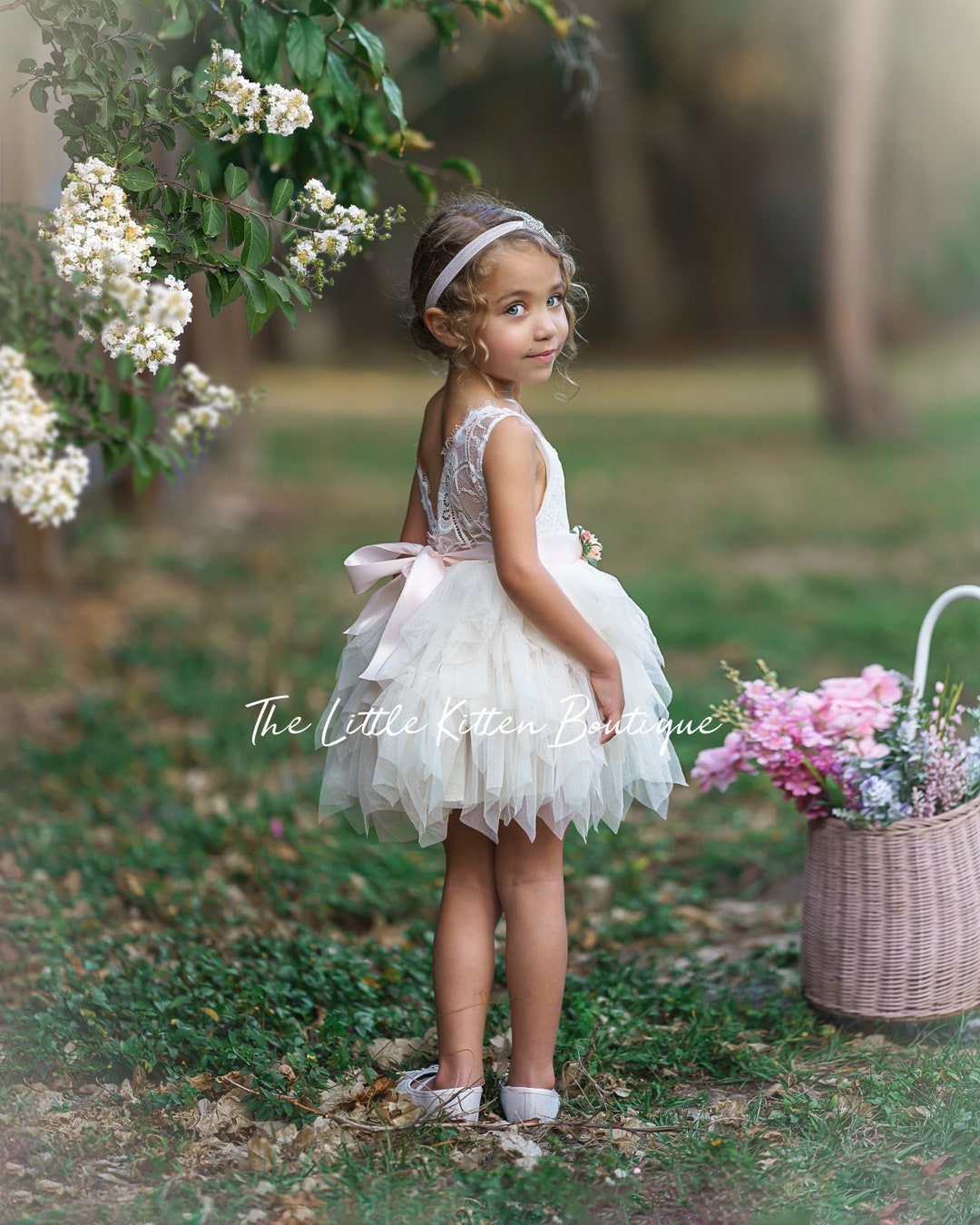 Blush Pink Tulle Flower Girl Dress White Lace Flower Girl Dress Rustic Flower Girl Dress